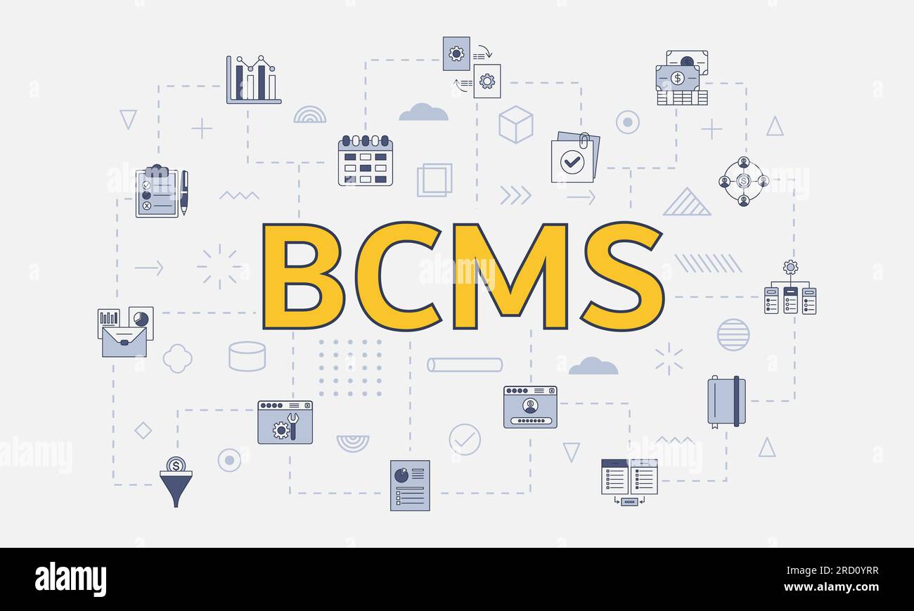 bcms business continuity management system concept with icon set with big word or text on center ...