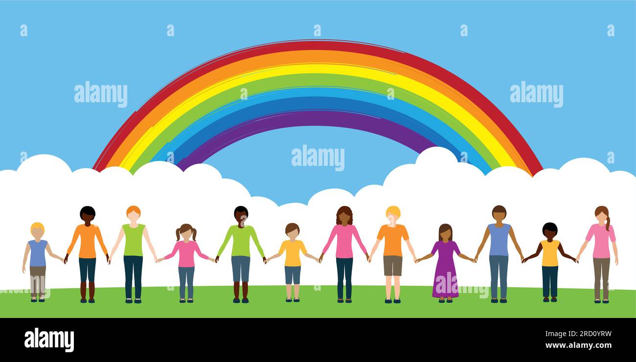 happy children of different skin color holding hands under rainbow ...