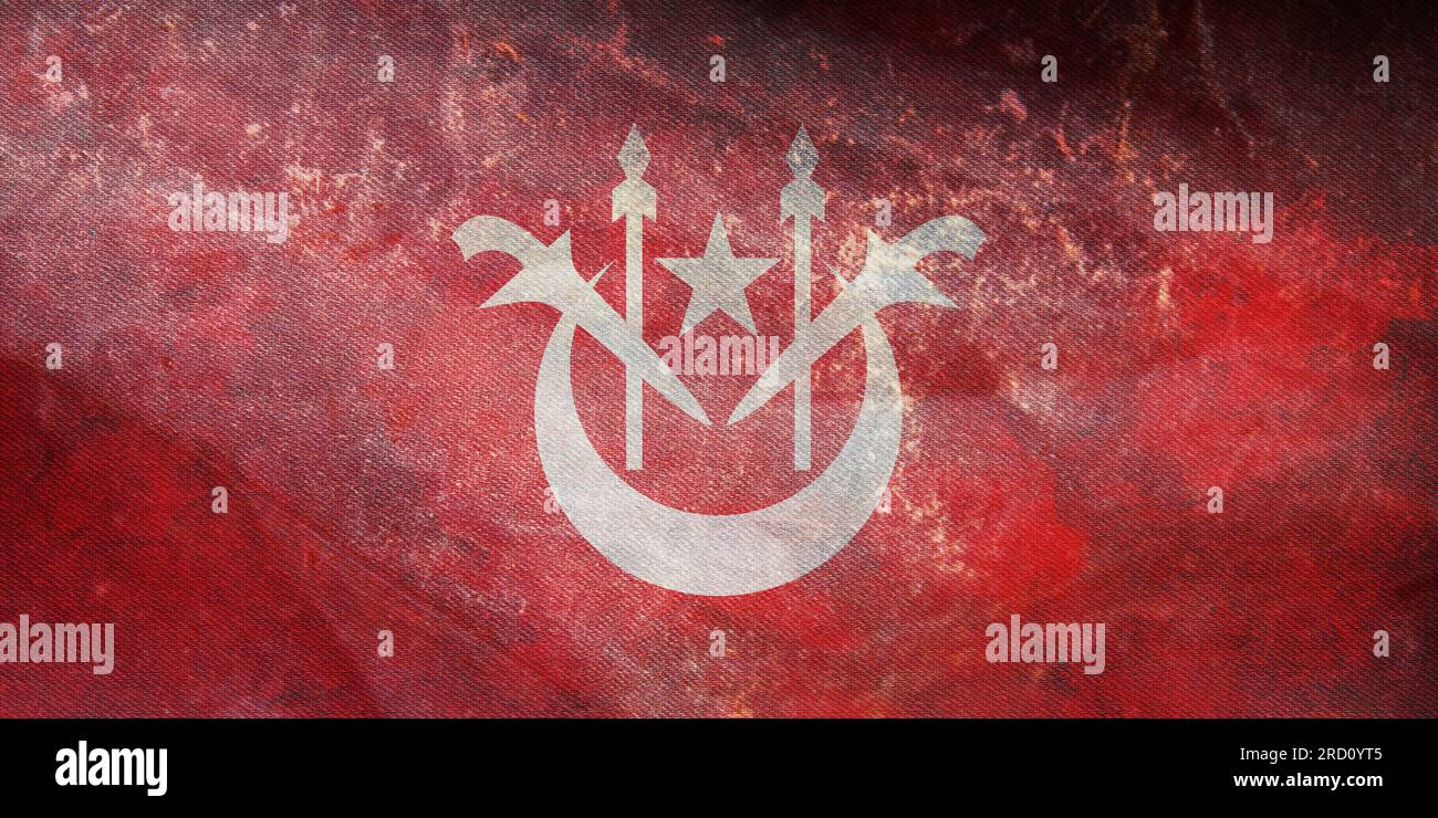 Top view of retro flag Kelantan Malaysia with grunge texture. Malaysian travel and patriot ...