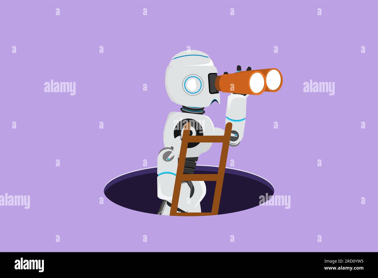 Character flat drawing robot climbs out of hole by ladder and using ...