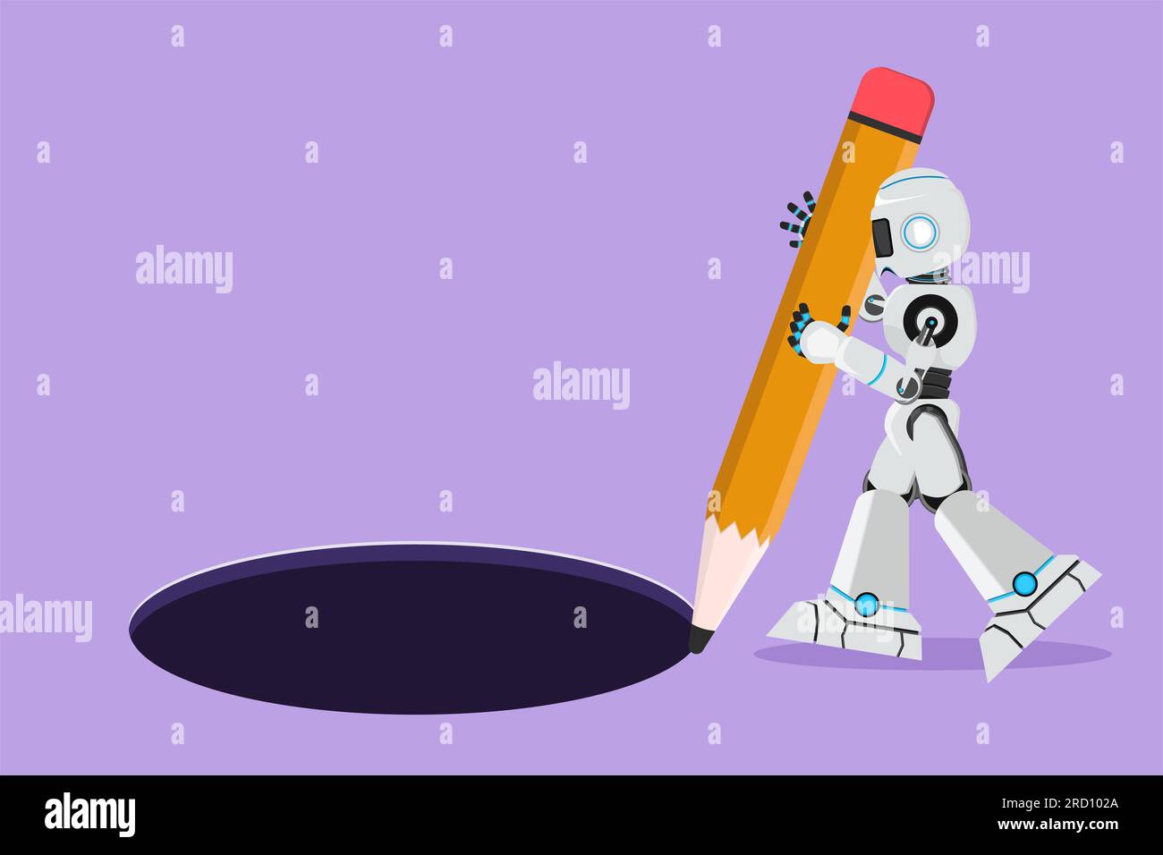 Character flat drawing of robot making circle of holes with big pencil ...