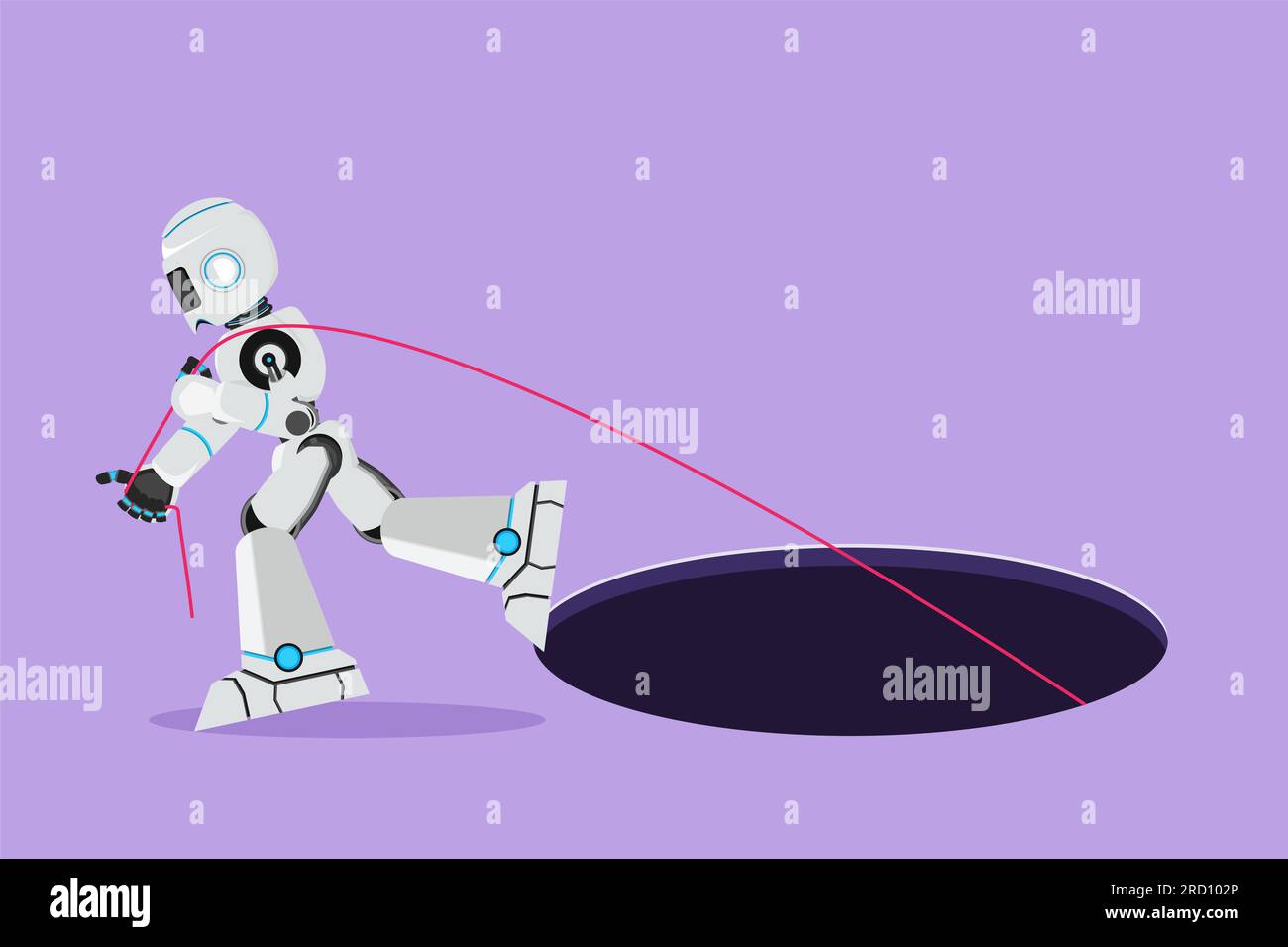 Cartoon flat style drawing robot trying hard pulling rope to drag ...