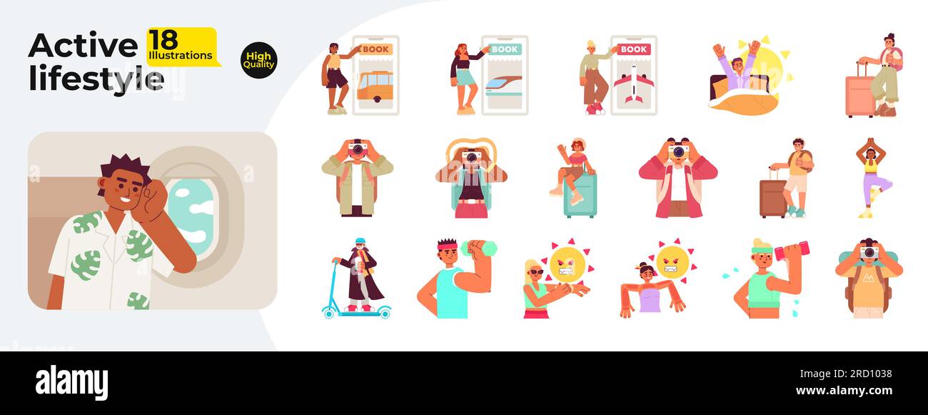 Summer leisure activity flat concept vector spot illustrations bundle ...