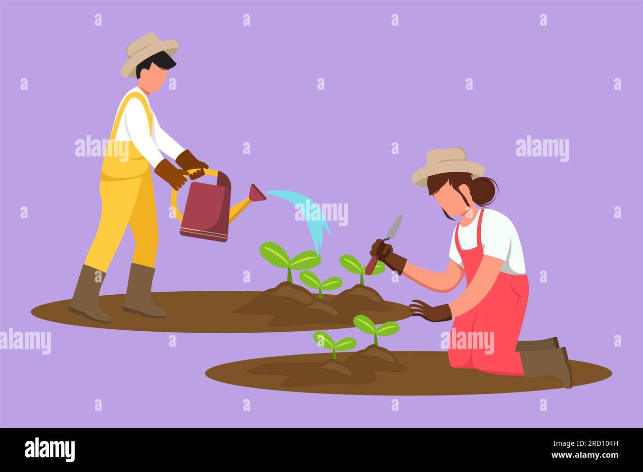 Cartoon flat style drawing couple farmers planting tree. Woman plant ...