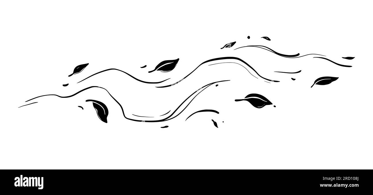 Leaf wind doodle line sketch set. Hand drawn doodle wind motion, air ...