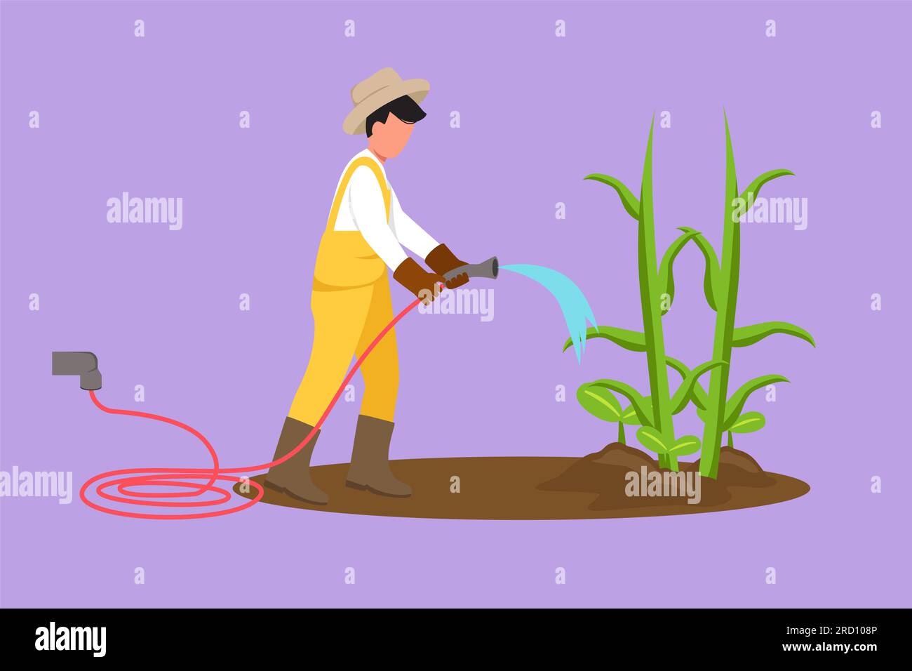 Graphic flat design drawing farmer watering vegetables with hose ...