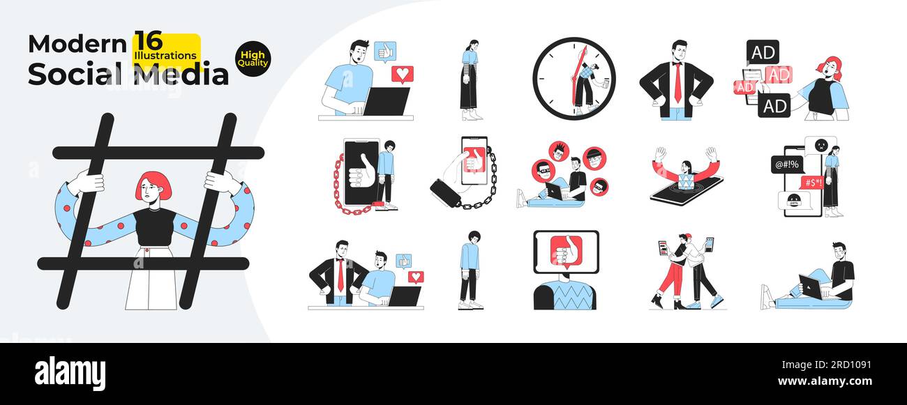 Social media problems flat line concept vector spot illustrations ...