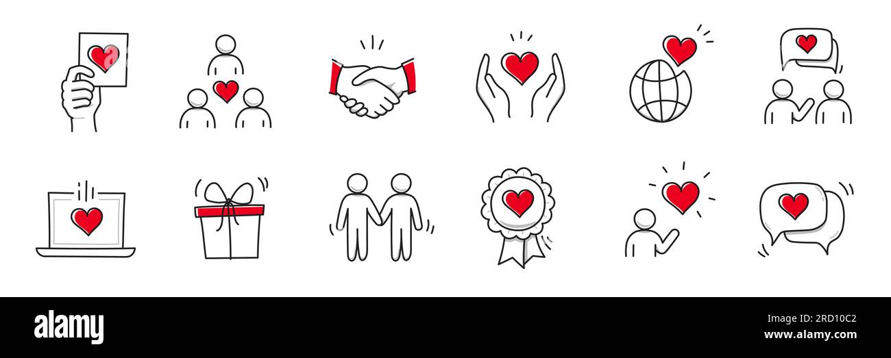 Community trust hand, social heart doodle line icon. Charity community ...