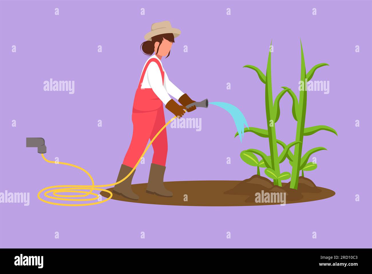 Graphic flat design drawing young woman gardener in overalls and boots ...