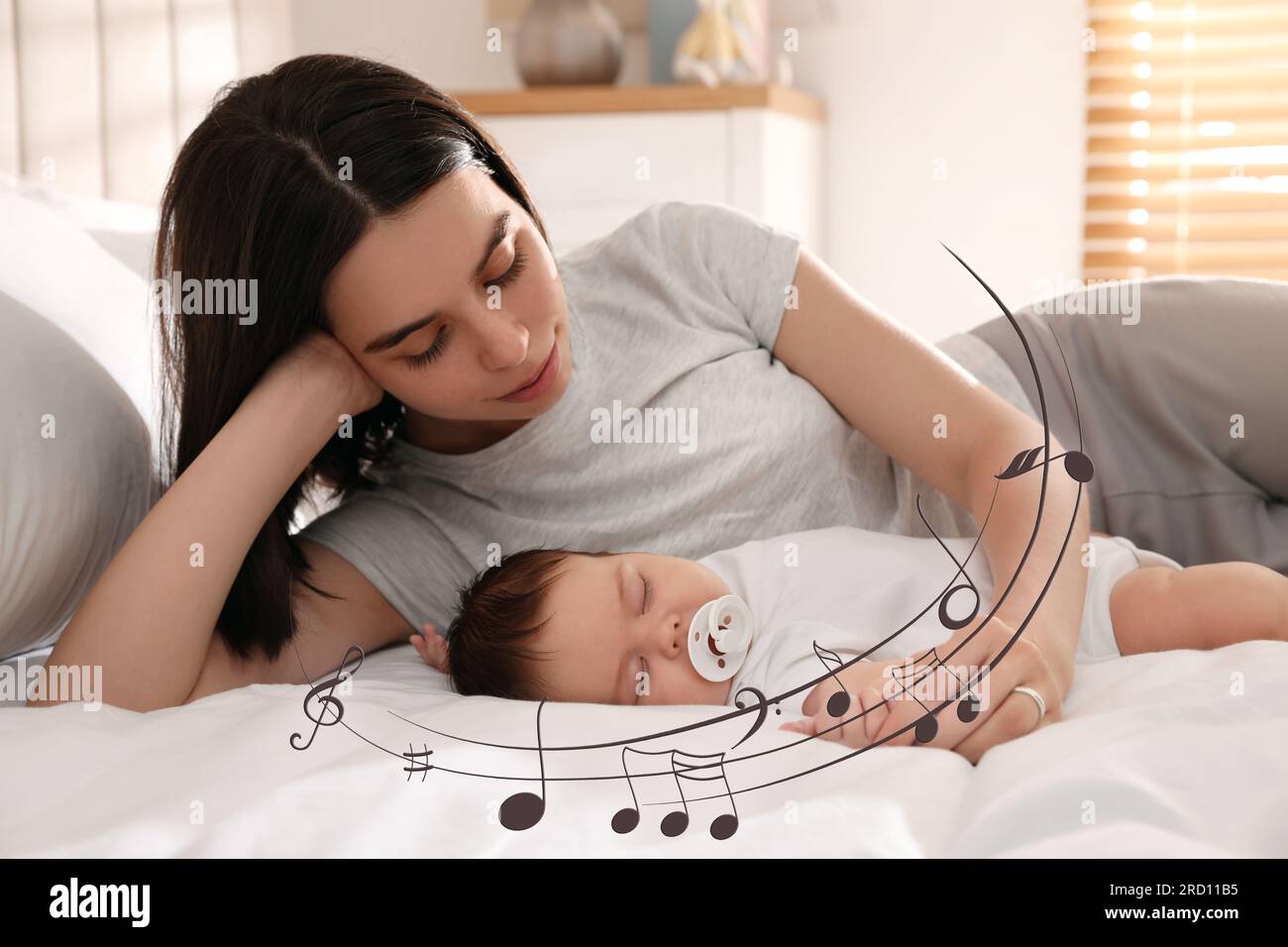 Mother singing lullaby to her sleepy baby on bed. Illustration of ...