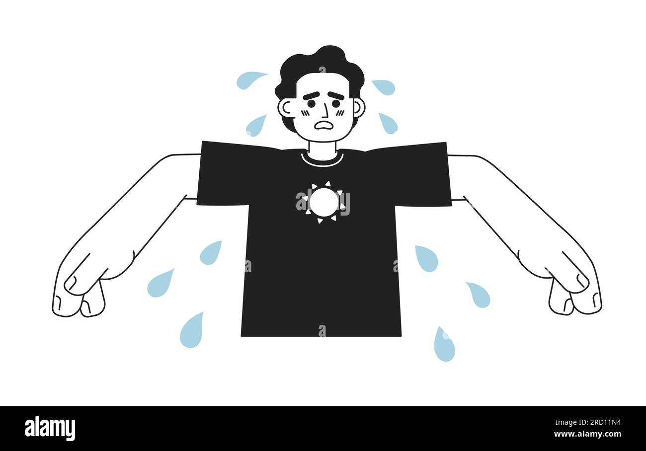Middle eastern exhausted man excessive sweating monochromatic flat ...