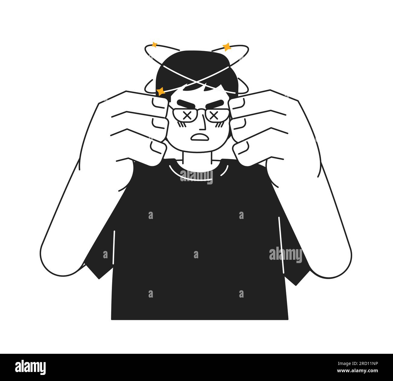 Asian man with spinning head monochromatic flat vector character Stock ...