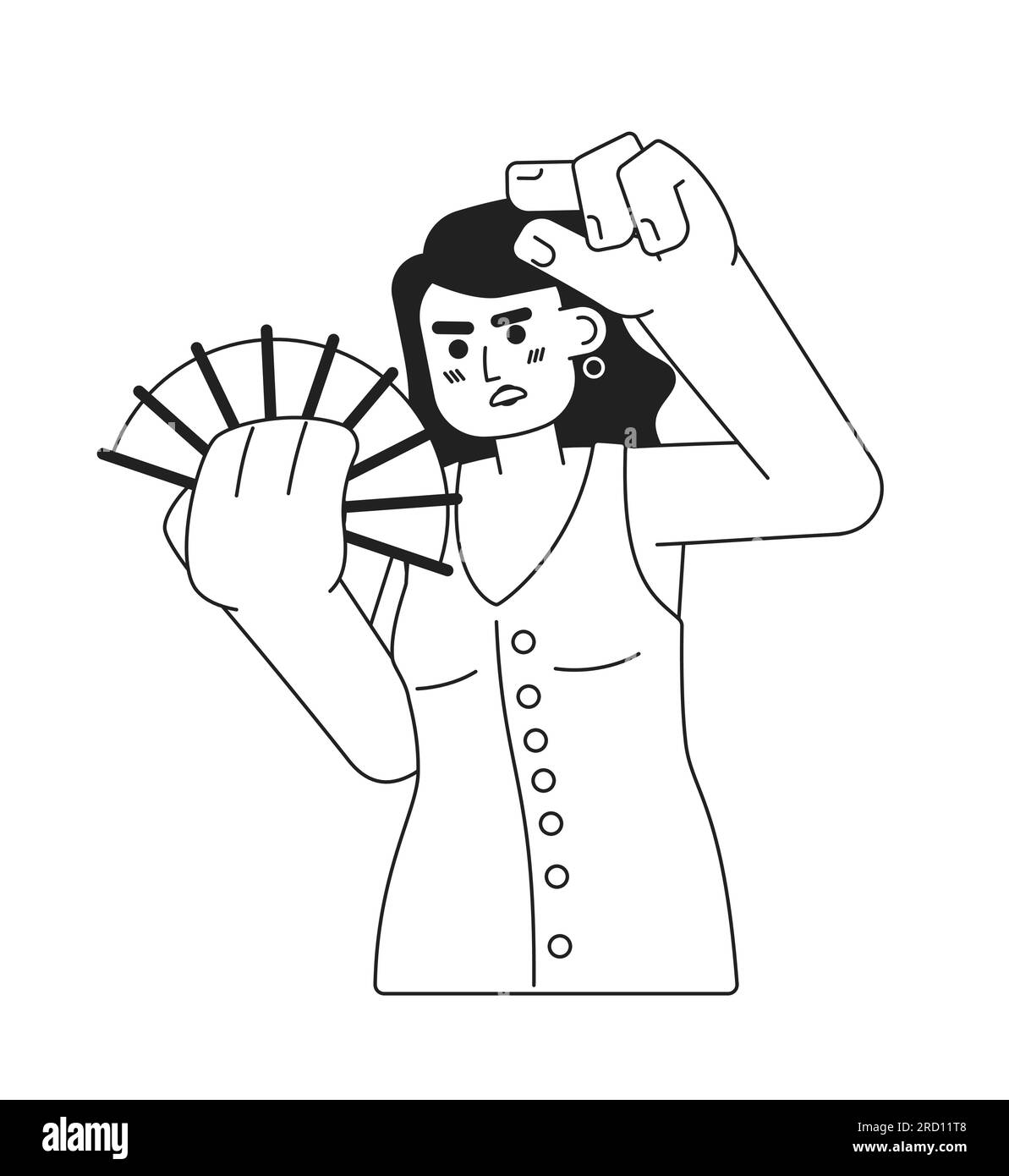 Exhausted caucasian woman cooling down with fan monochromatic flat ...