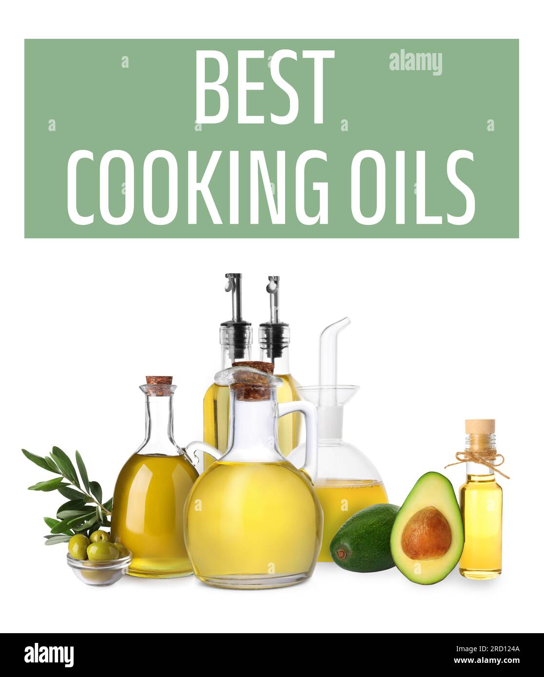 Best for cooking. Different oils and ingredients on white background ...