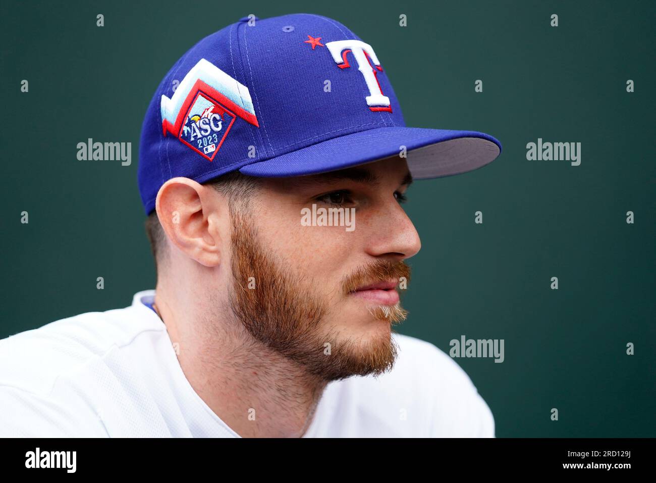 American League's Jonah Heim, of the Texas Rangers, speaks during an ...