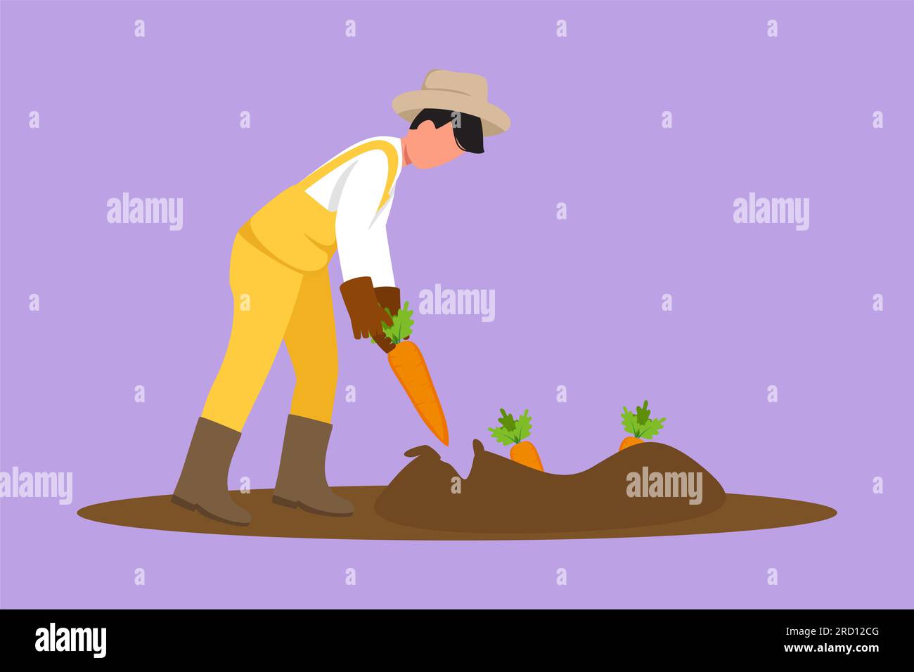 Cartoon flat character style drawing male farmer harvesting carrots ...