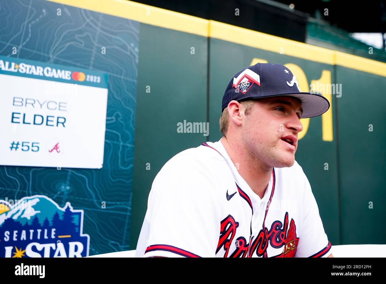 National League's Bryce Elder, of the Atlanta Braves, speaks during an All-Star Game player ...