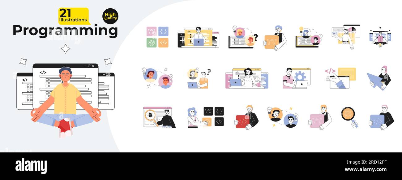 People programming codes monochrome concept vector spot illustrations bundle Stock Vector Image ...