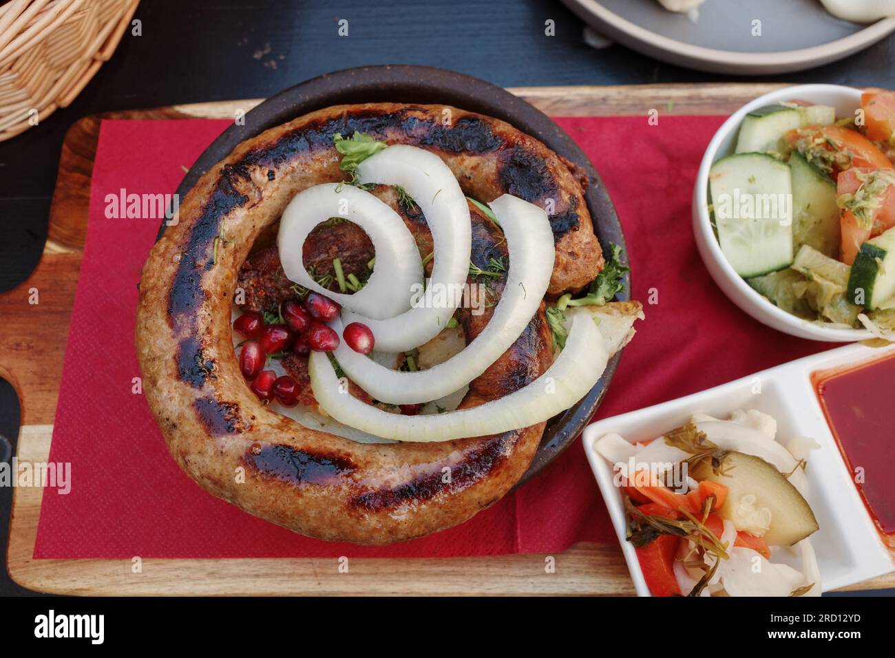 Top view, curl of Kupati, Georgian spicy sausage with distinct flavor ...