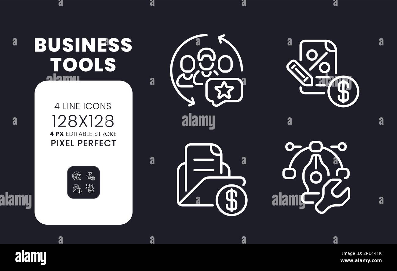 Business tools white linear desktop icons on black Stock Vector Image ...