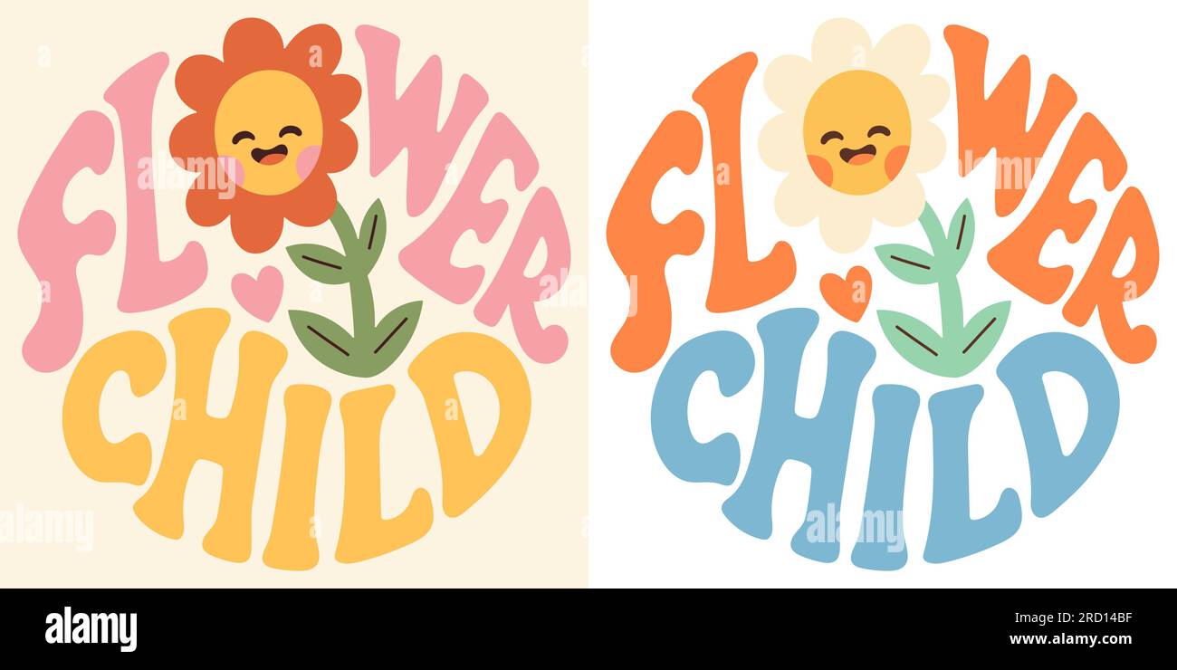 Groovy lettering Flower child. Retro slogan in round shape. Trendy ...