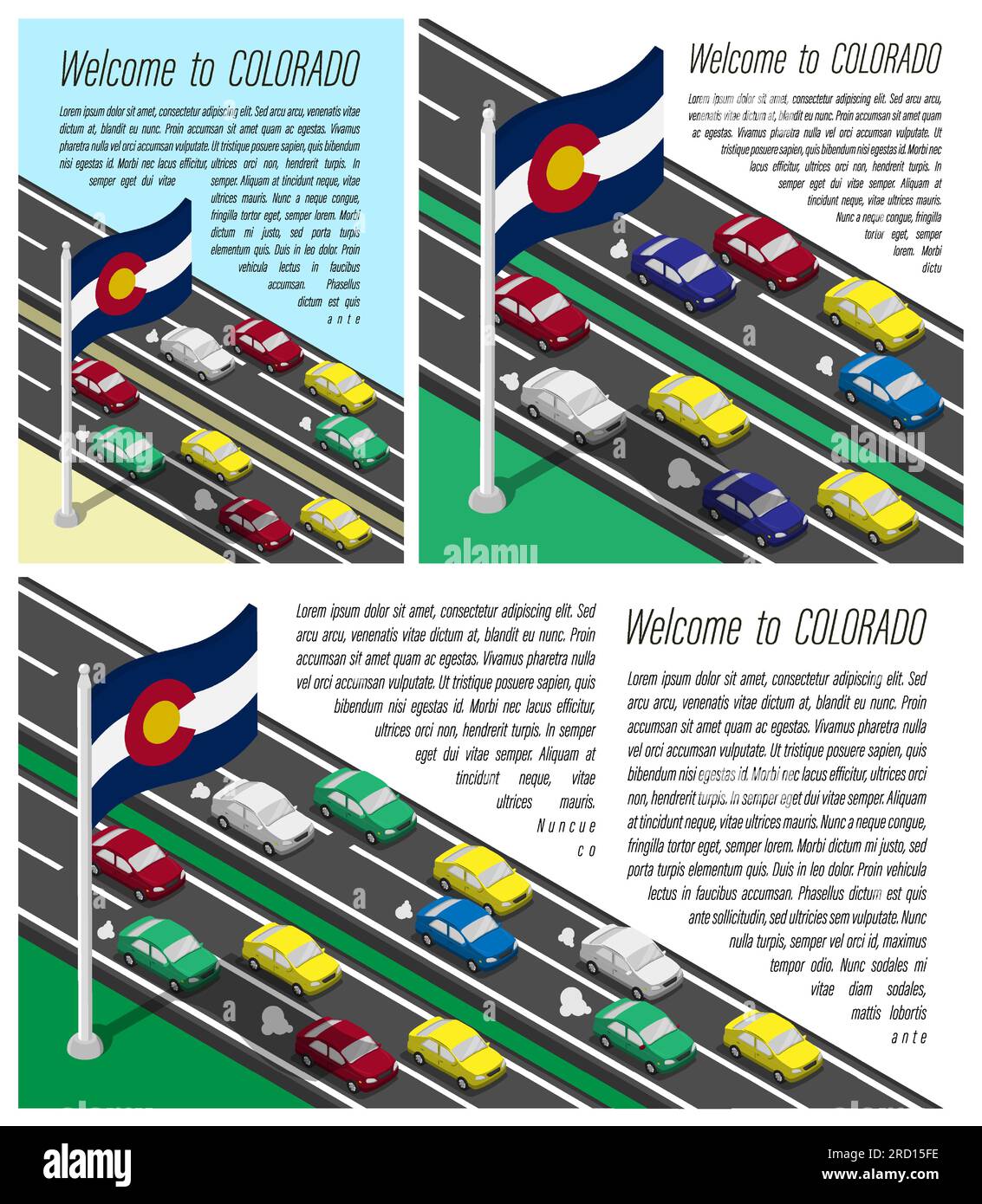 Isometric flag of US state of Colorado on flagpole fluttering in wind ...