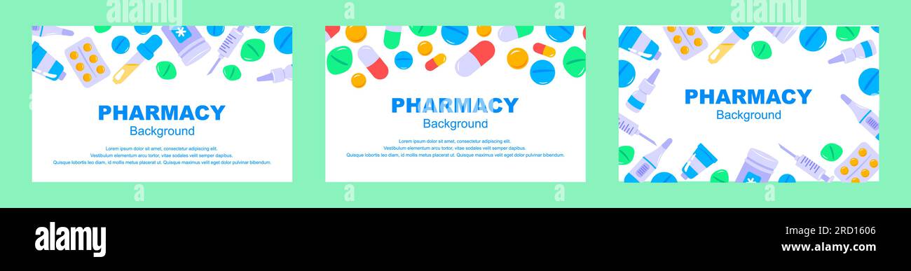 Set of pharmacy backgrounds. Pills and drugs design. Medicine flat ...