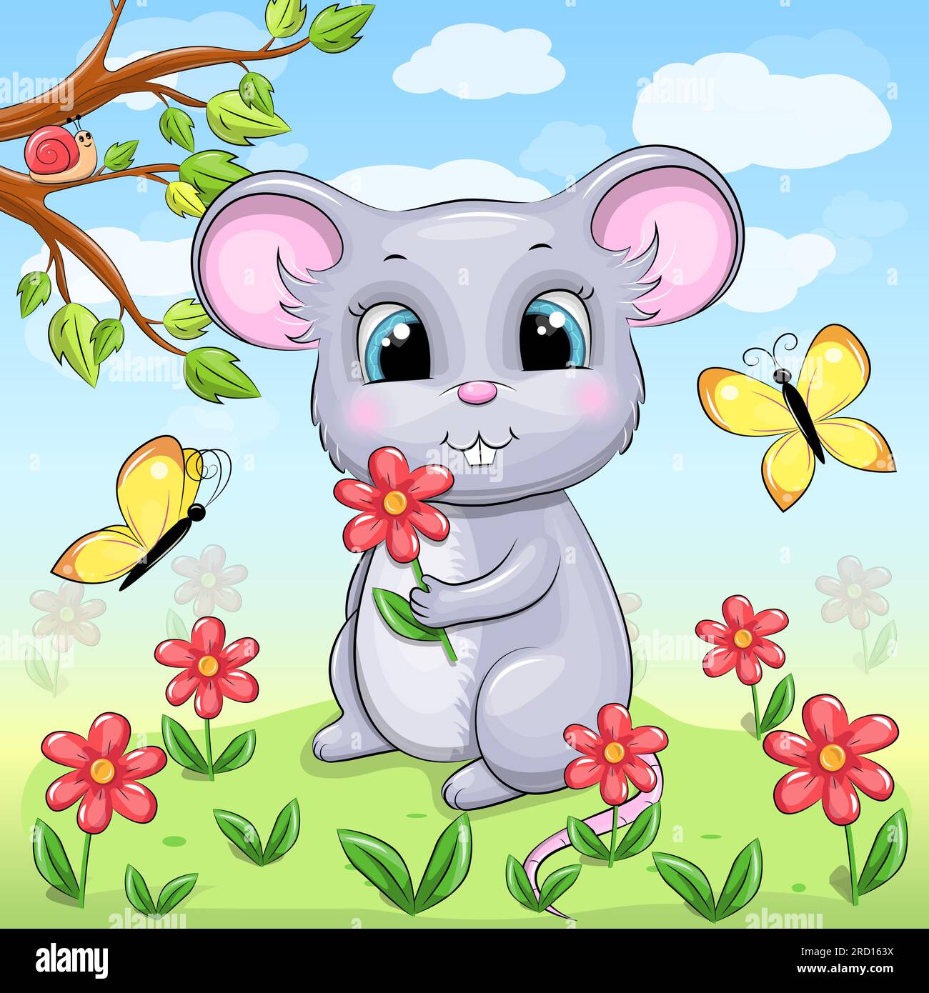 Cute Cartoon Gray Mouse With Red Flower In Nature. Spring Animal Vector