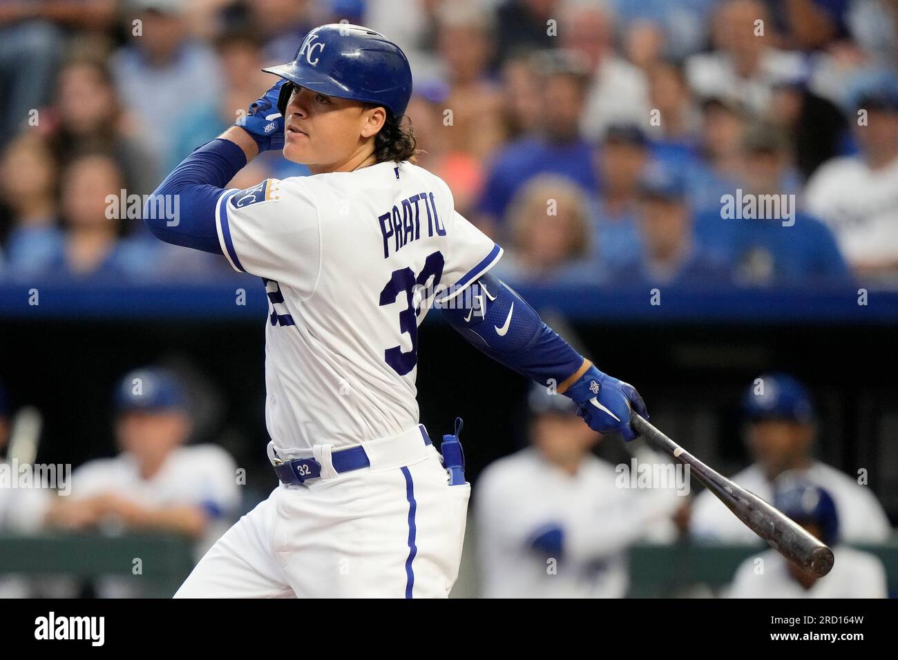 Kansas City Royals' Nick Pratto watches his RBI single during the ...
