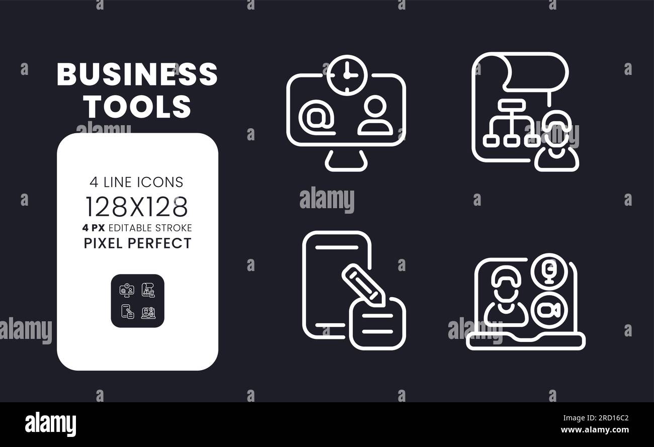 Business tools white linear desktop icons on black Stock Vector Image ...