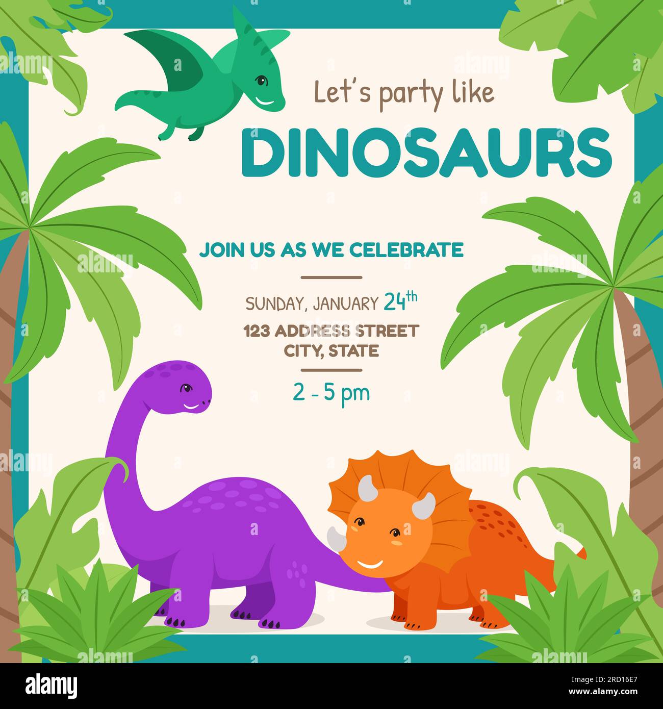 A vector illustration of Dinosaurs Themed Party Invitation Card Stock ...