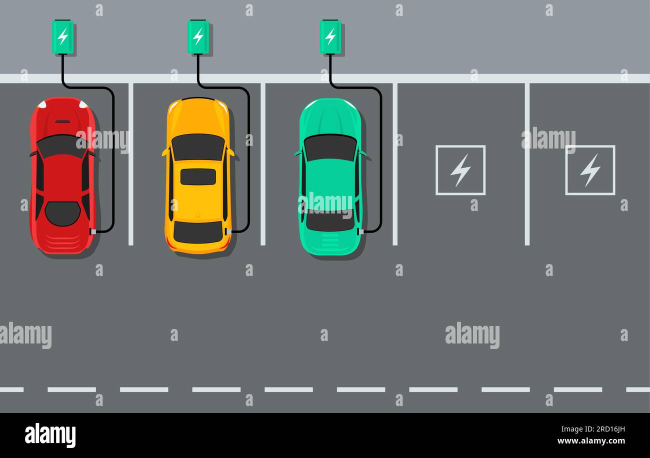 Electric car charger top view. Battery hybrid car parking recharge ...