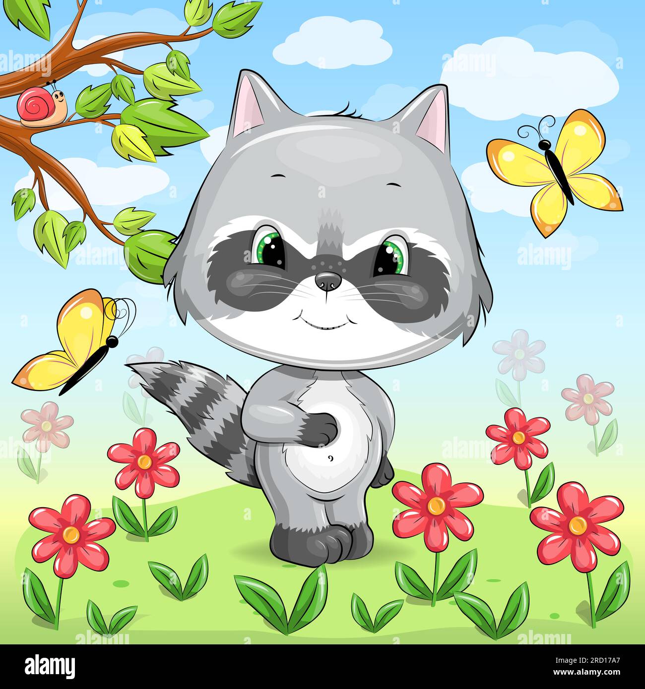 Cute cartoon gray raccoon in nature. Spring animal vector illustration ...