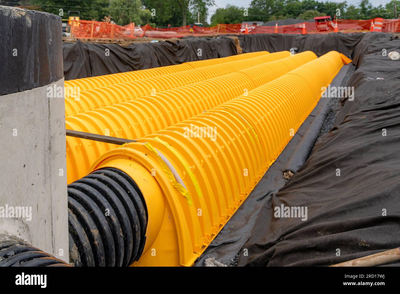 Yellow underground storm water detention mitigation units on a ...