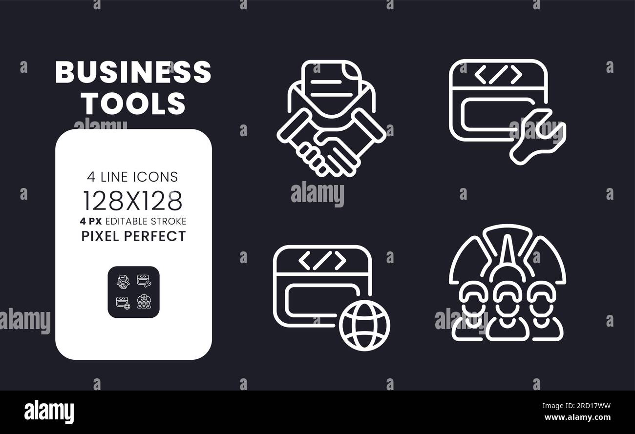 Business tools white linear desktop icons on black Stock Vector Image ...