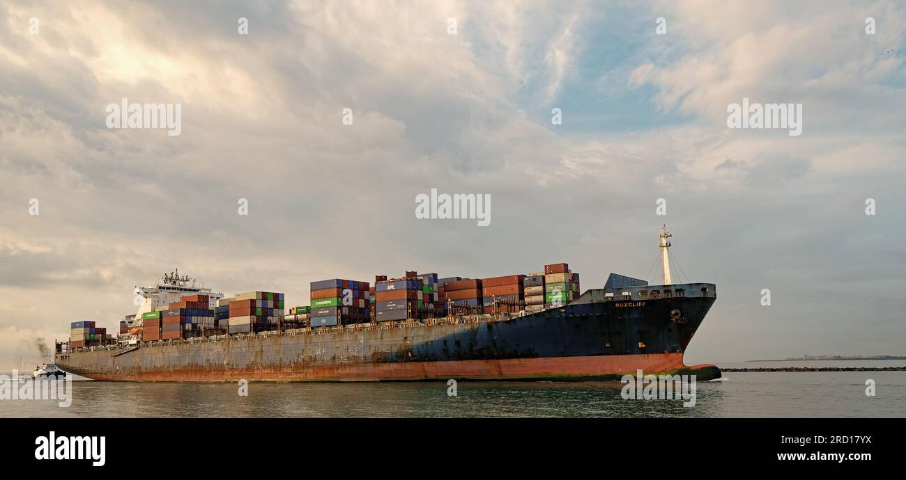 Miami Beach, Florida USA - April 18, 2021: cargo ship with containers ...