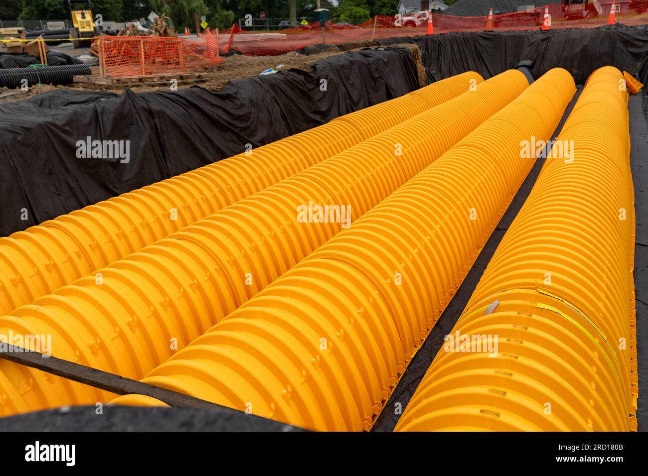 Yellow underground storm water detention mitigation units on a ...