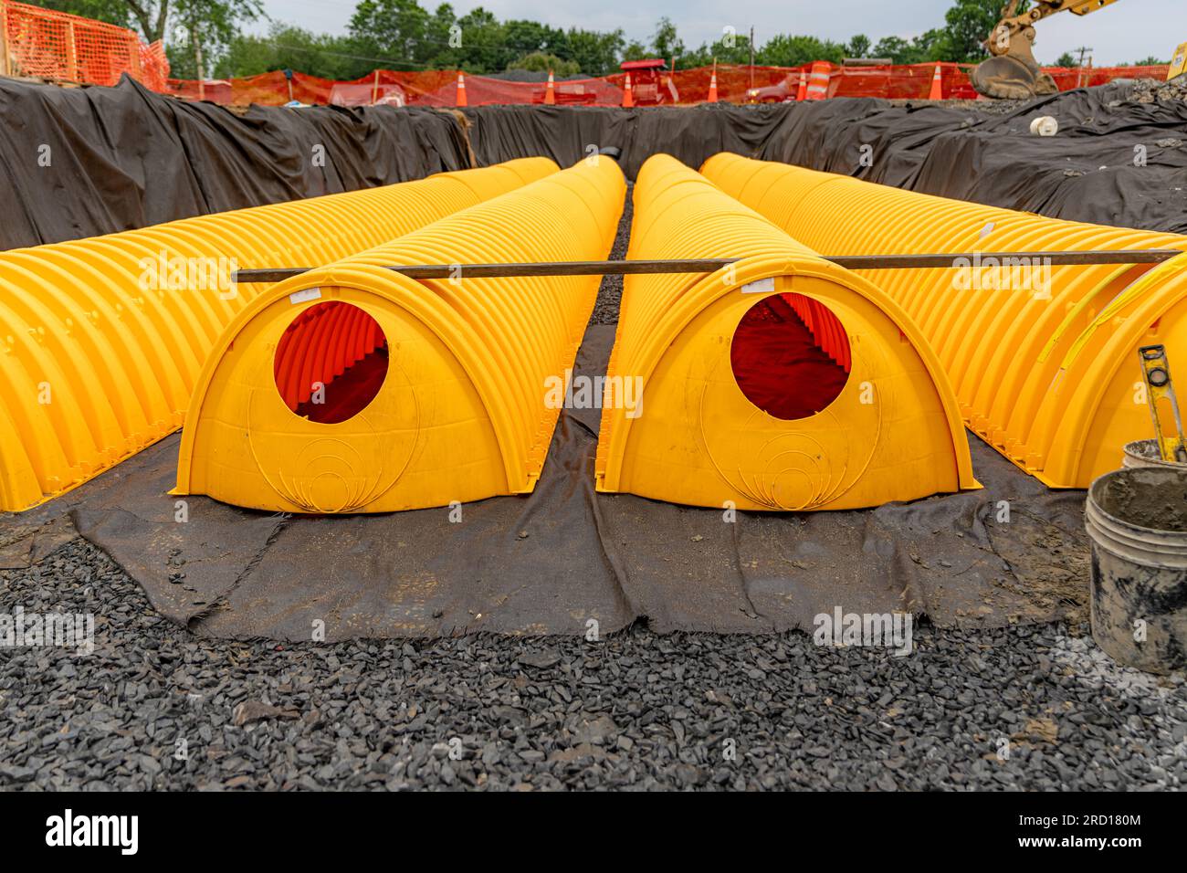 Yellow underground storm water detention mitigation units on a ...