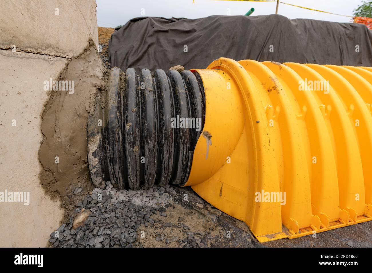 Yellow underground storm water detention mitigation units on a ...