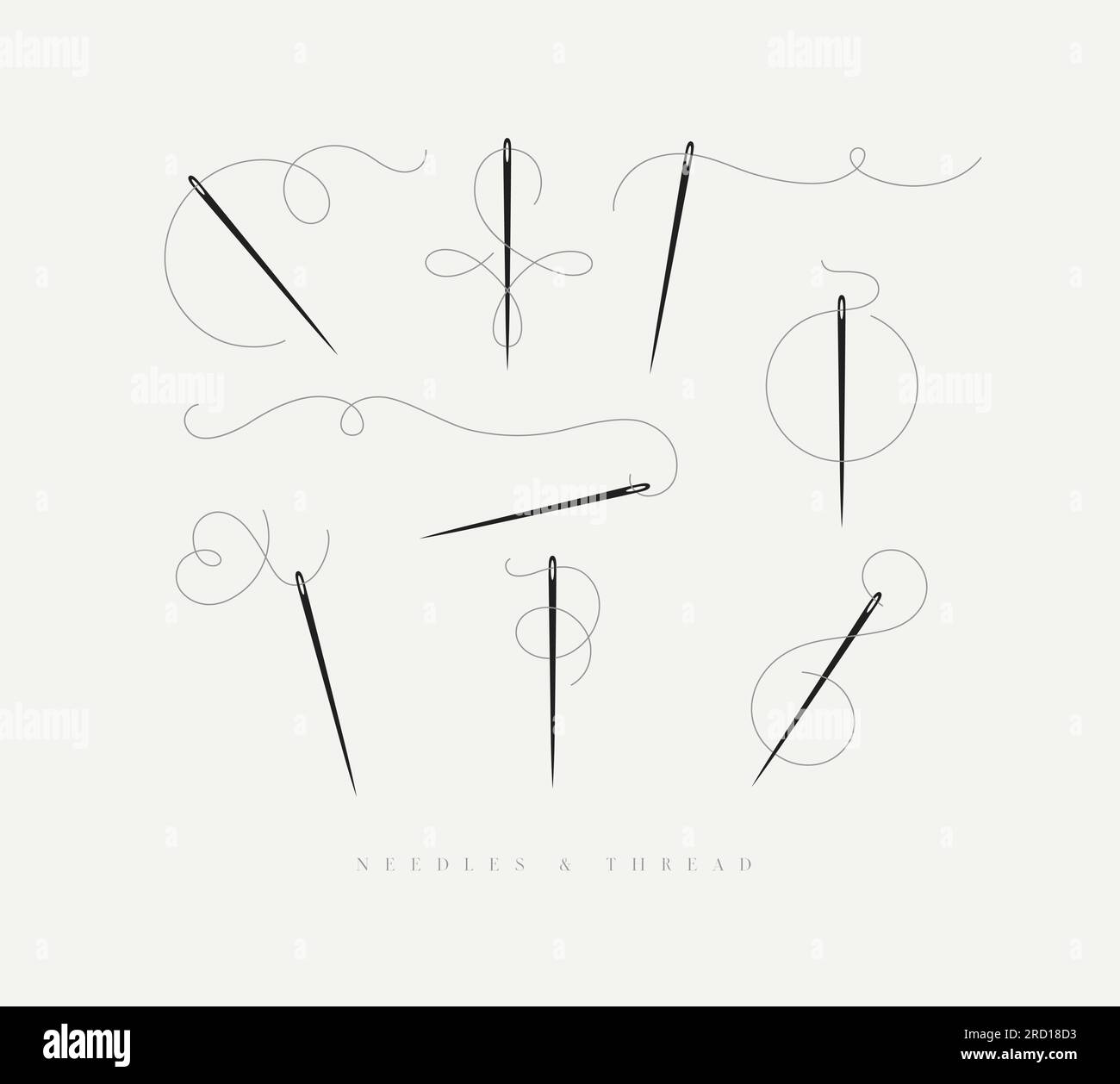 Needles and curly threads in different positions drawing on grey ...