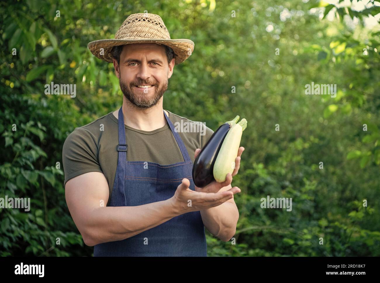 man greengrocer presenting eggplant and vegetable marrow Stock Photo ...