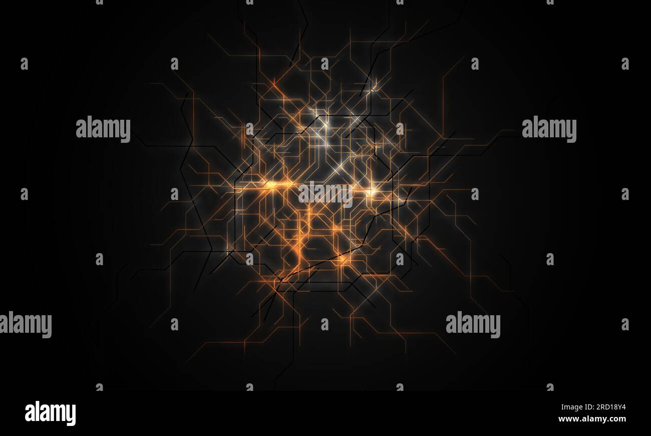 Black abstract technology background with orange neon lines. Hi-tech ...