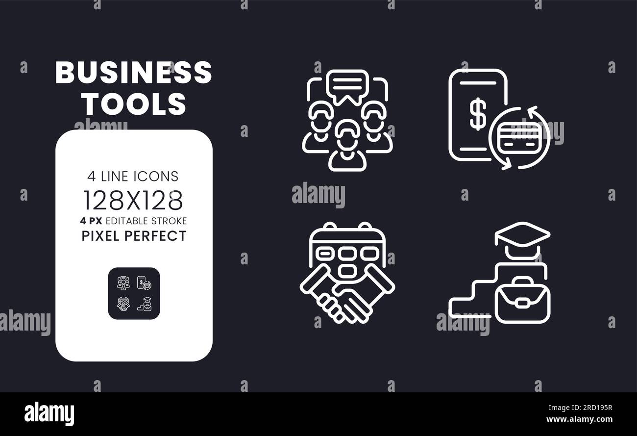 Business tools white linear desktop icons on black Stock Vector Image ...