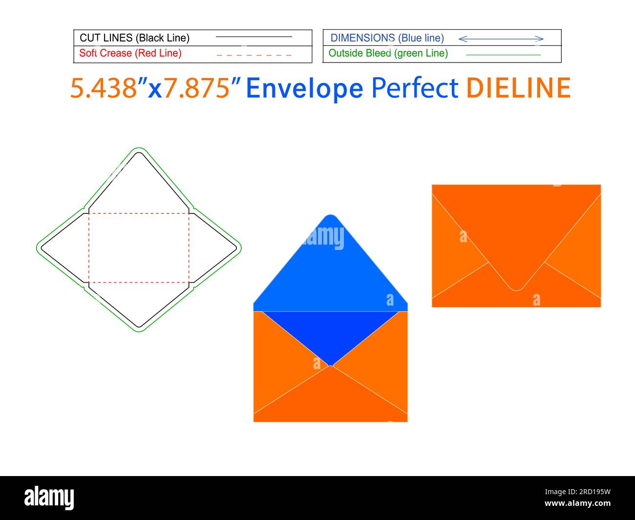 329Contour envelope 5.438x7.875 inch die line template and 3D envelope ...