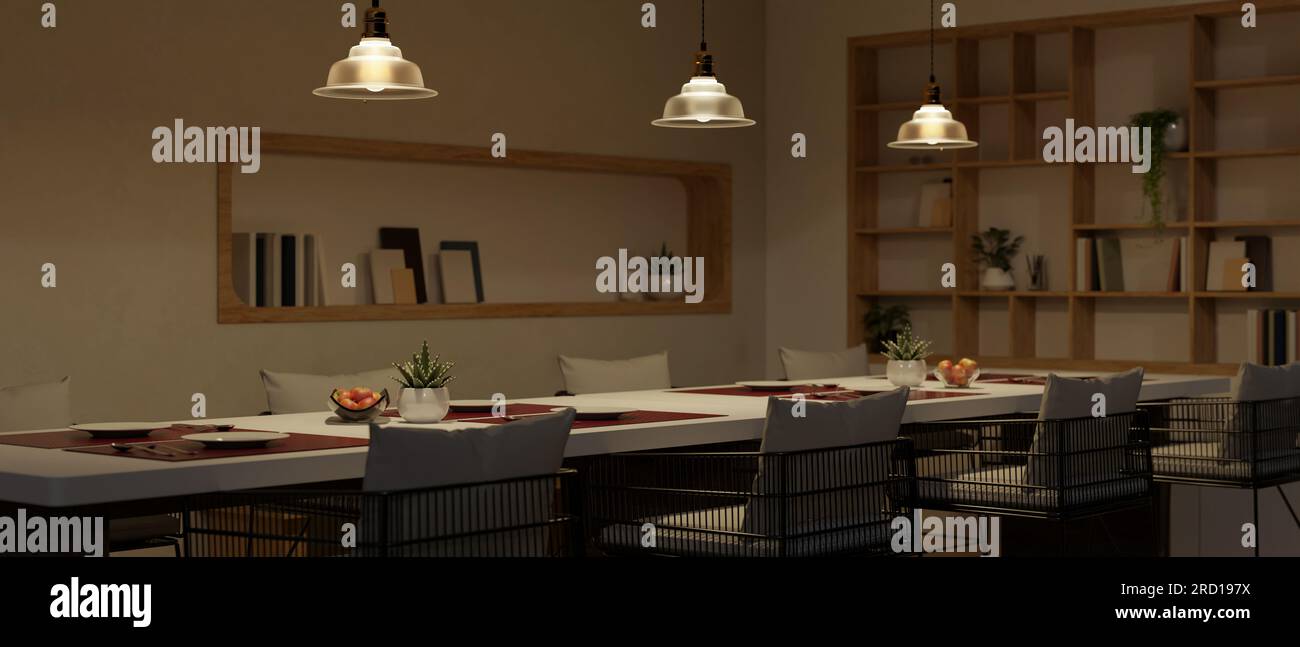 A beautiful romantic dining room at night with a large dining table ...