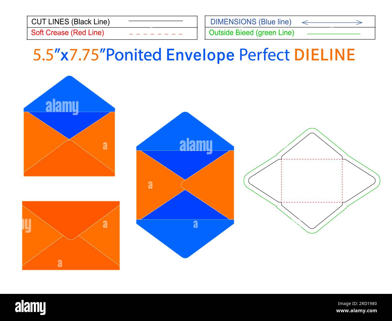 Editable easily resizeable pointed flap envelope 5.5x7.75 inch die line ...