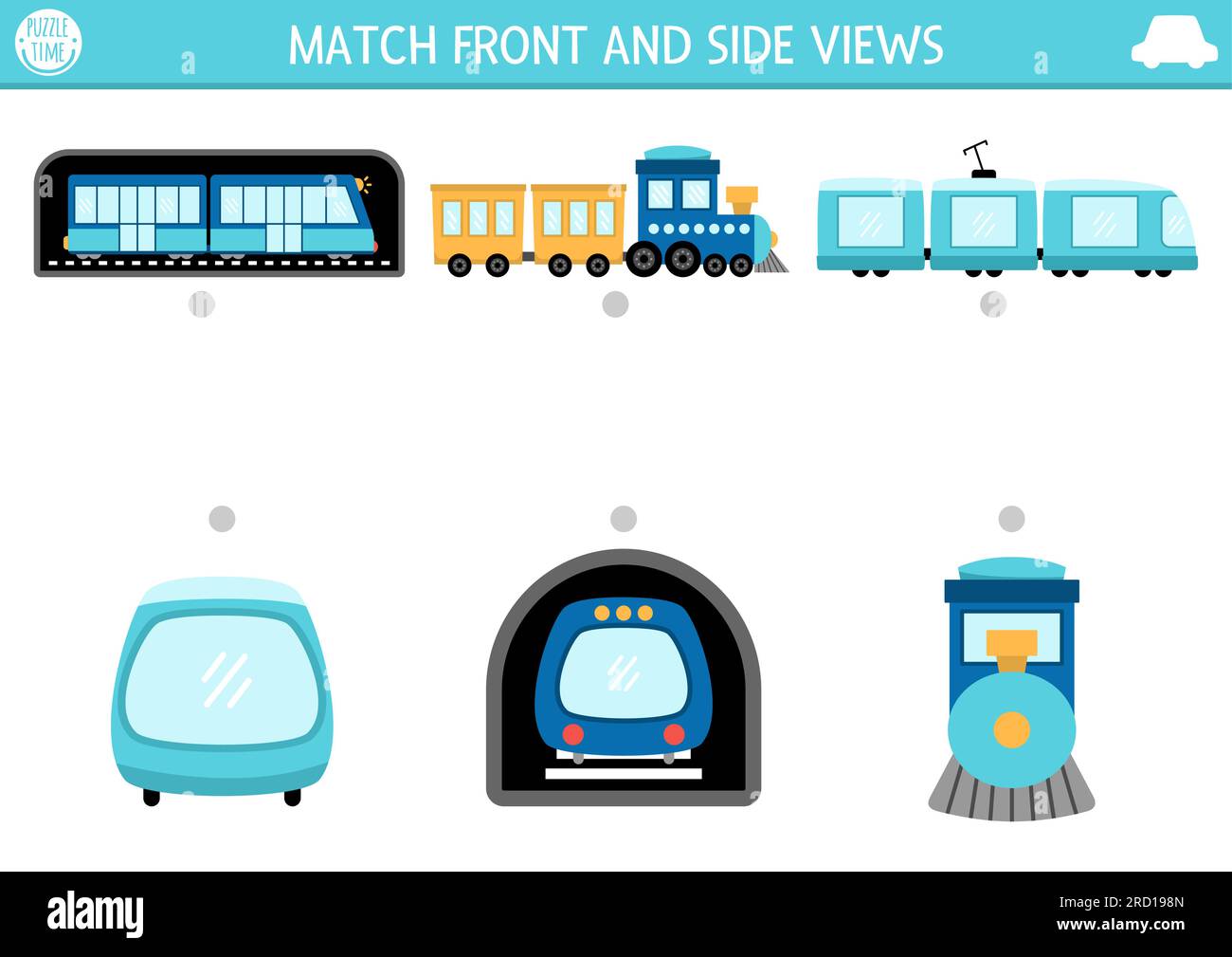 Transportation matching activity with cute side and front view of train ...