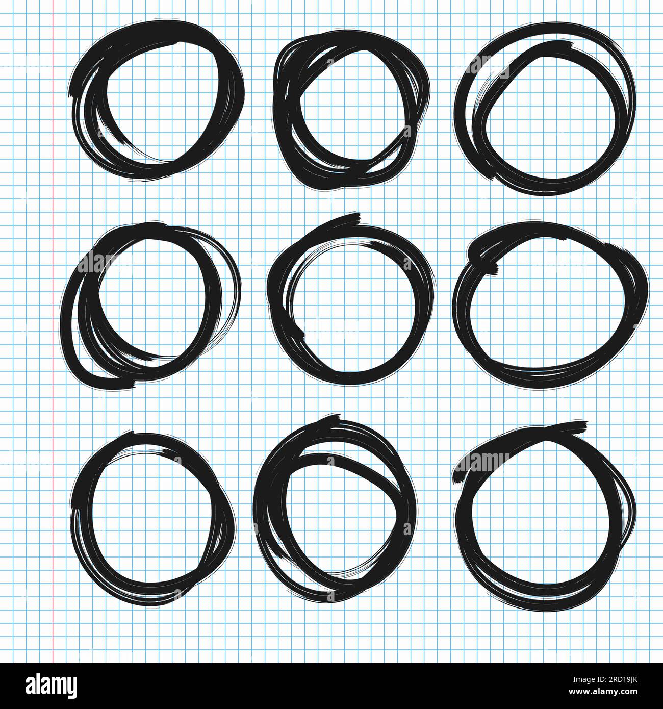 Hand drawn circles line sketch set on notebook pages. Doodle graffiti ...