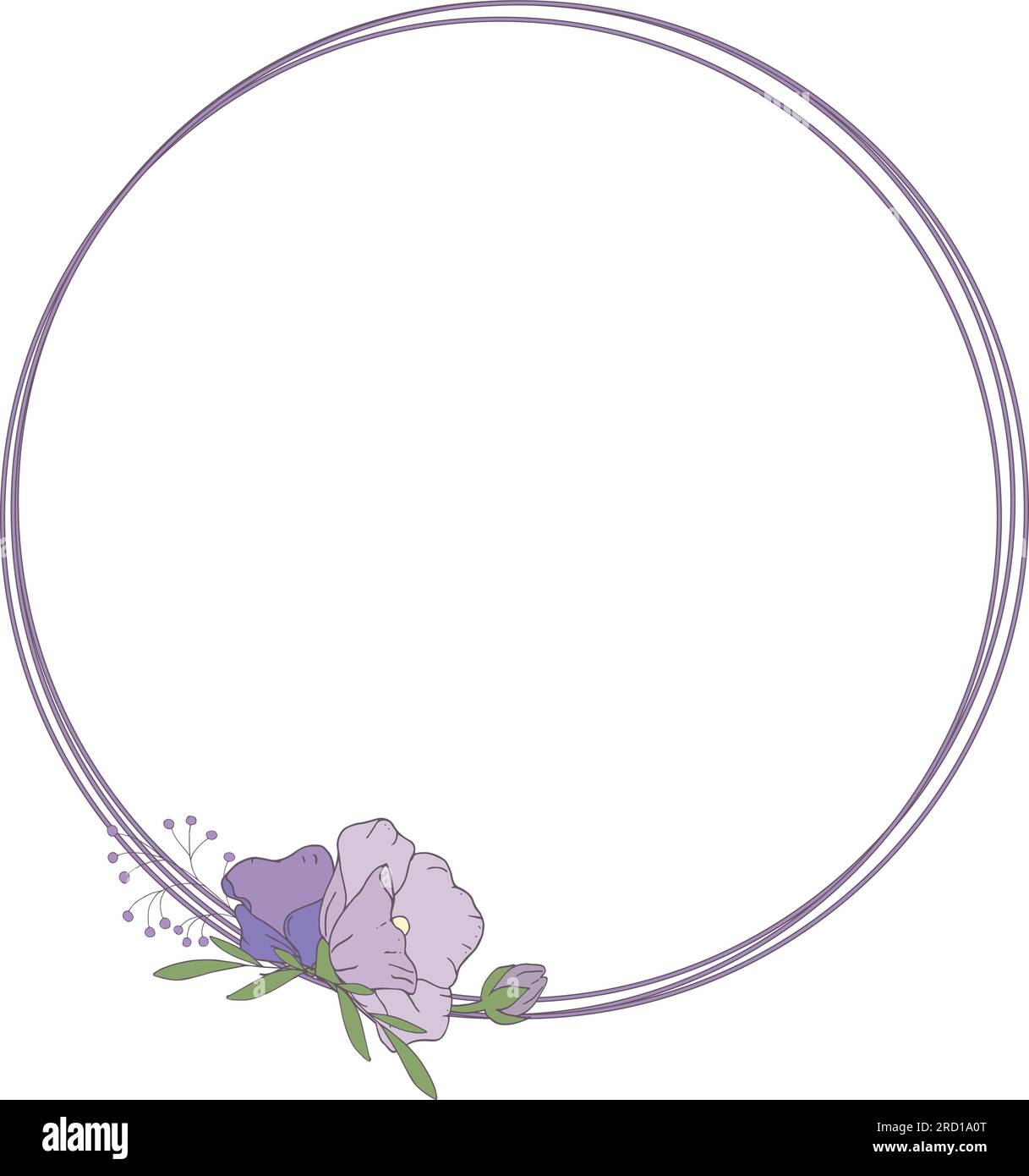 Round frame with purple flowers. Botanical template with flowers ...
