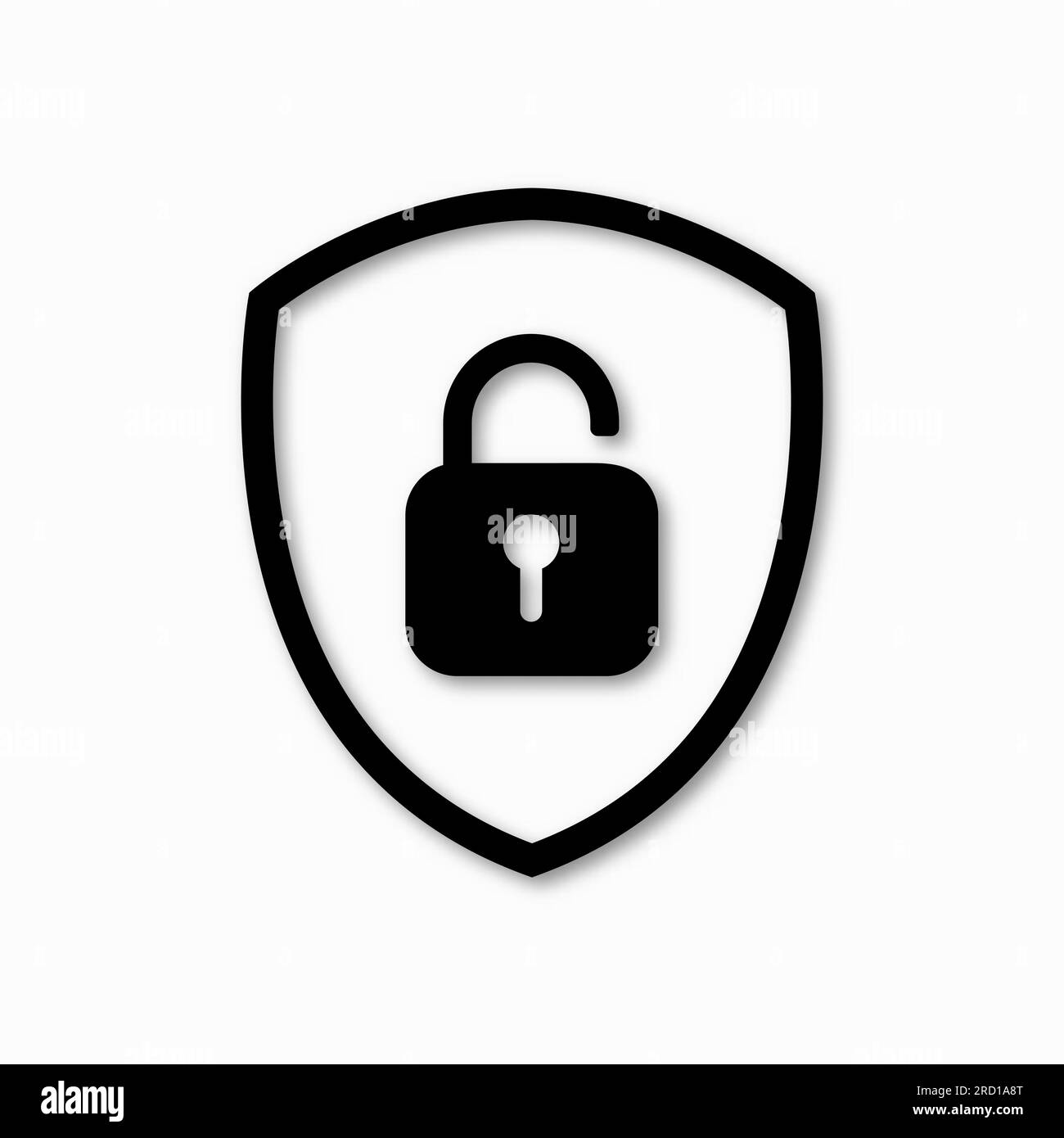 Black shield with unlock padlock icons on a white background. Vector ...